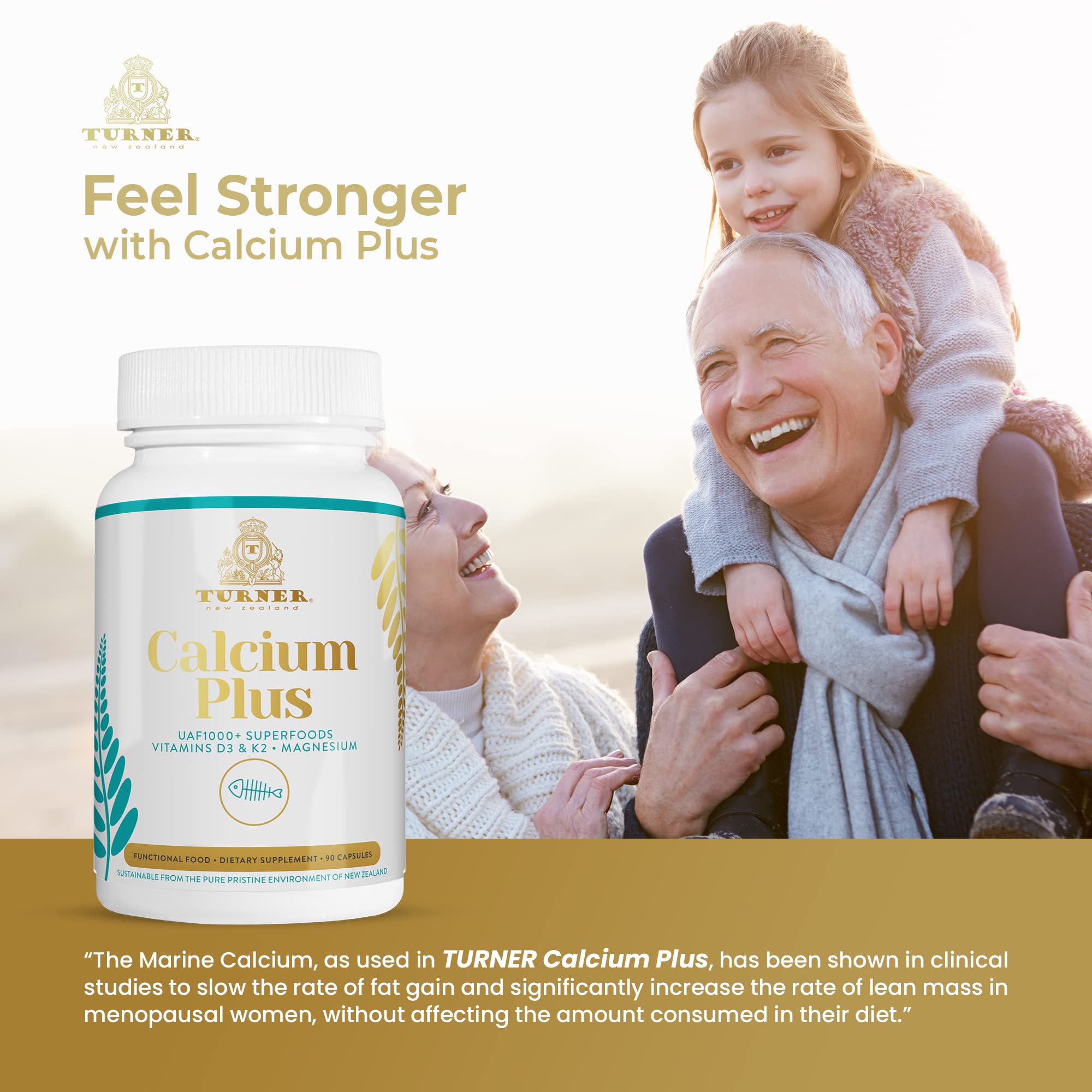 TURNER Calcium Plus, All-Natural Marine Calcium Supplement, with UAF1000+ Super Antioxidant, Magnesium + Vitamins K2 & D3, Supports Bone Density & Joint Health, 3 Bottles, 270 caps, 3 Month Supply