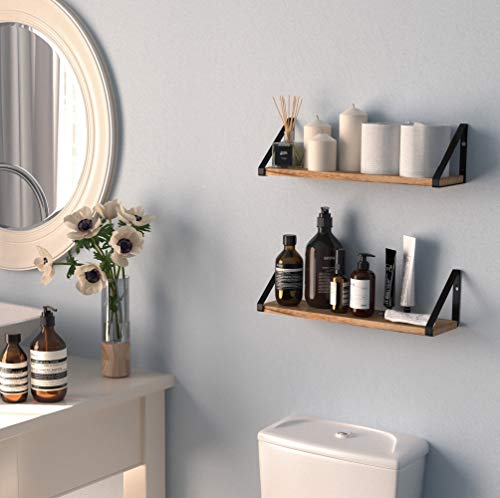 Wallniture Floating Shelves Bathroom Storage Wall Mount Home Decor Bedroom Kitchen Laundry Room Organizer with Black Brackets and Natural Burned Rustic Wood Shelves Set of 2