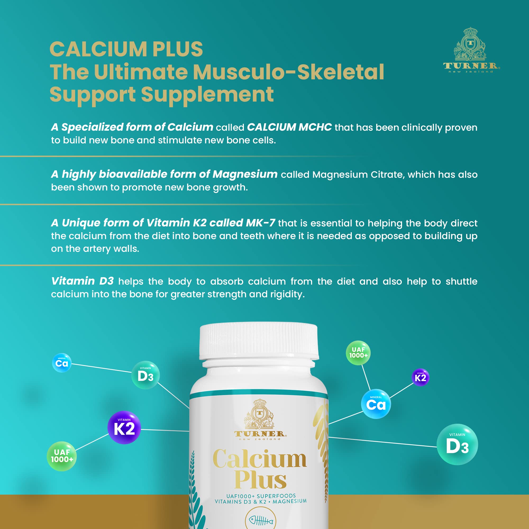 TURNER Calcium Plus, All-Natural Marine Calcium Supplement, with UAF1000+ Super Antioxidant, Magnesium + Vitamins K2 & D3, Supports Bone Density & Joint Health, 3 Bottles, 270 caps, 3 Month Supply