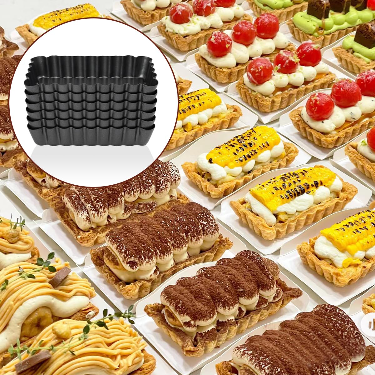 Elesinsoz Mini Tart Pan Set of 6, 4 Inch Rectangular Non-Stick Quiche Pan with Removable Bottom Heavy Duty Fluted Side, Mini Pie Pans for Quiche, Desserts, and Mousse Cakes