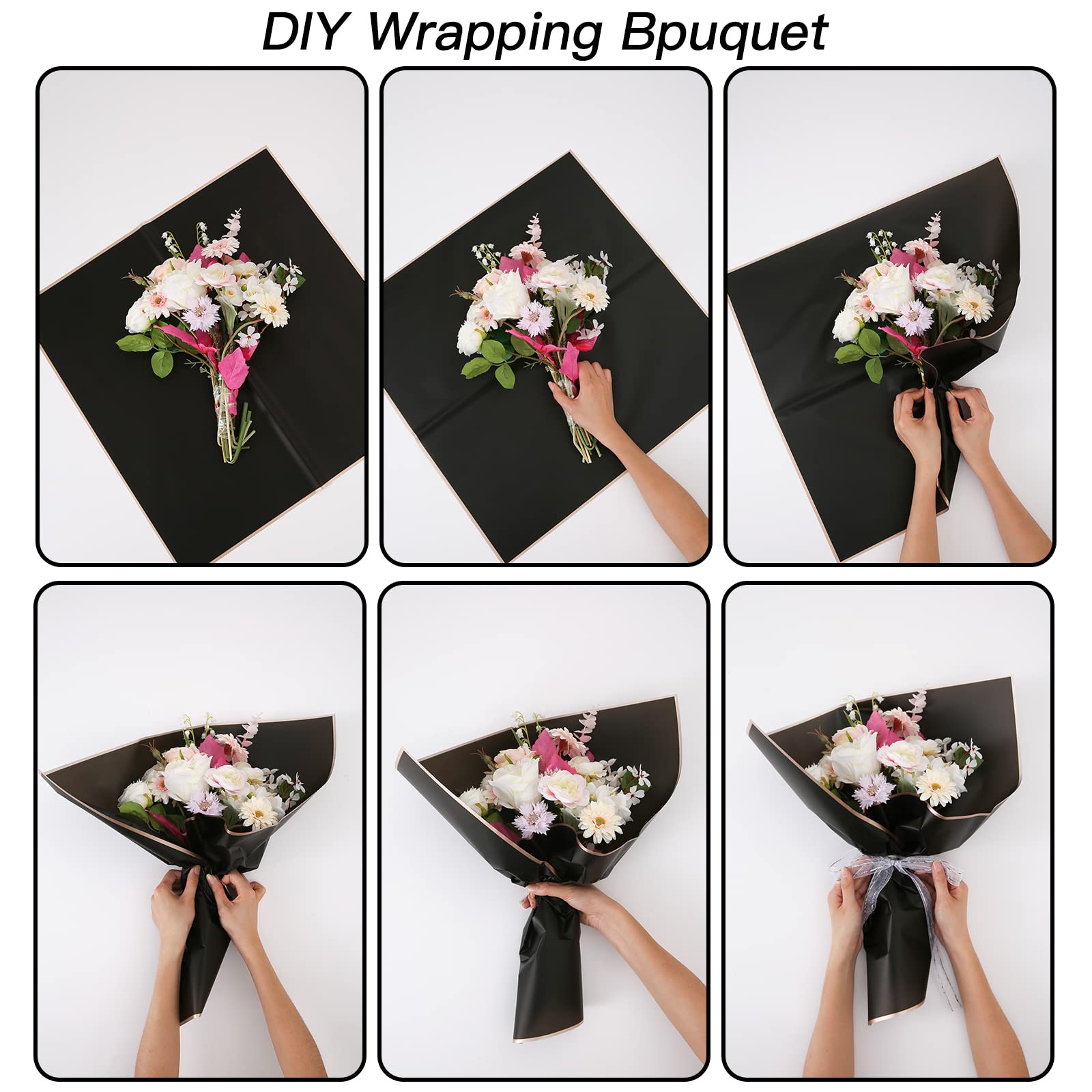 Flower Wrapping Paper Floral Wrap Sheets Florist Bouquet Supplies Waterproof wrapping paper includes ribbon (20 sheets) (black+Golden line)