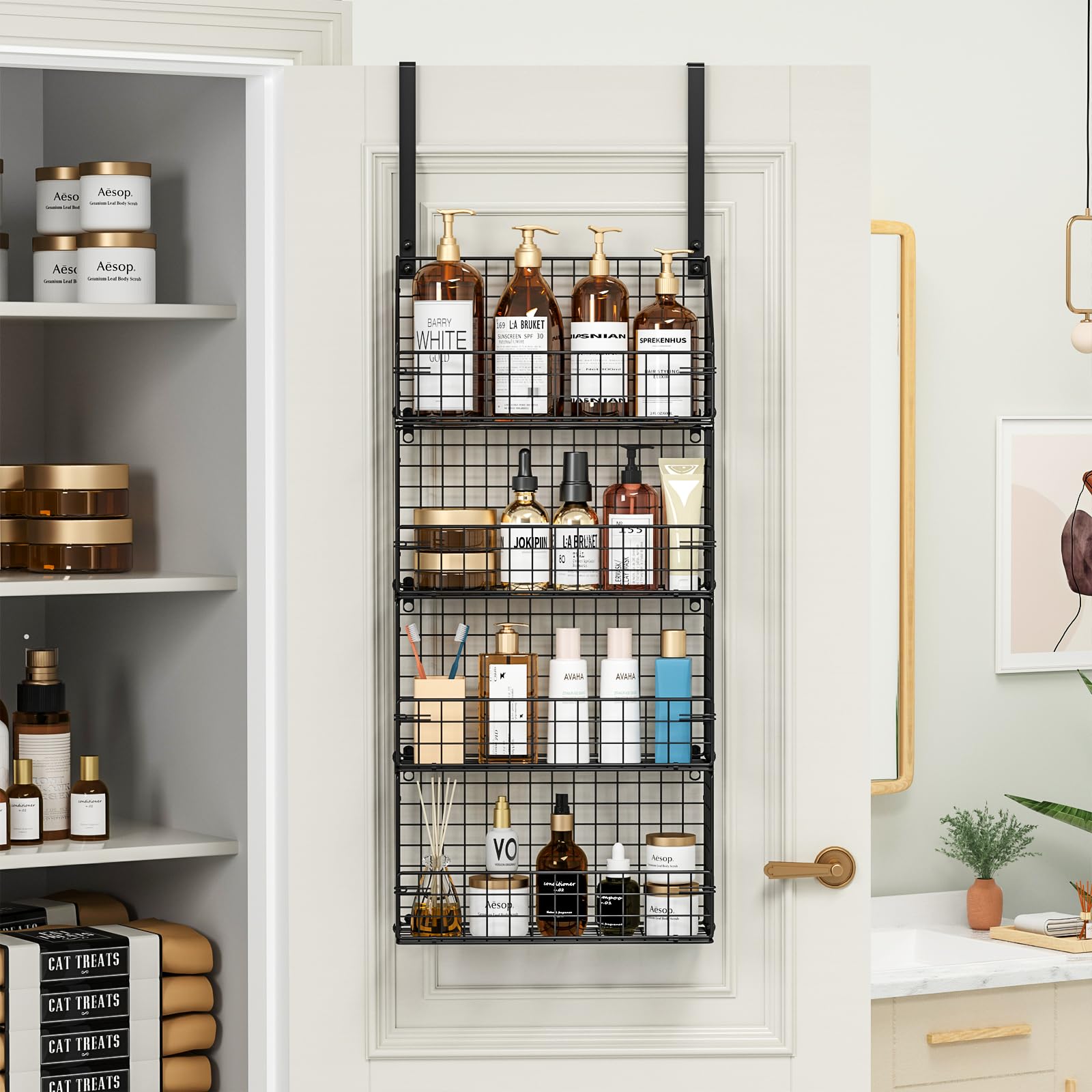 X-cosrack Over The Door Organizer - 4-Tier Pantry Door Organizer Hanging Storage Rack & Detachable And Foldable Metal Seasoning Spice Cabinet Door Storage Wall Basket With Hooks For Bathroom Kitchen