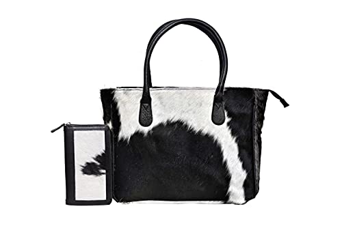 Women's Western Classic Cowhide Tote Bag Shoulder Handbag with Freebie Clutch Shoulder Hand Bag Classical Tote (brown black)