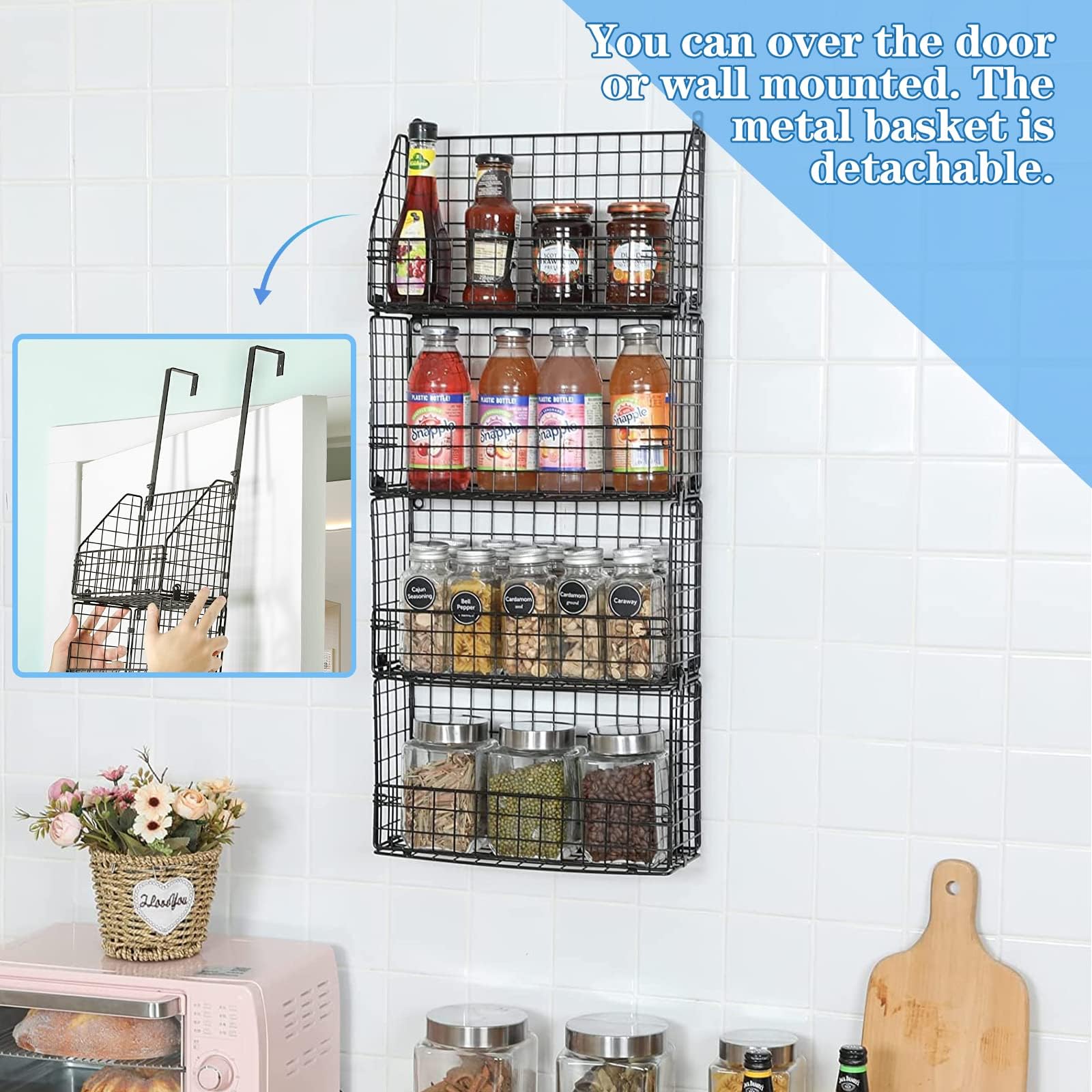X-cosrack Over The Door Organizer - 4-Tier Pantry Door Organizer Hanging Storage Rack & Detachable And Foldable Metal Seasoning Spice Cabinet Door Storage Wall Basket With Hooks For Bathroom Kitchen