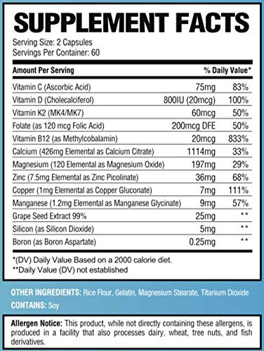 OsteoTherapy+ Advanced Bone Support Supplement - Vitamin C, MK4/MK7, High Absorbing Calcium, Manganese, Magnesium