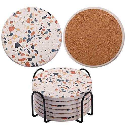 Coasters for Drinks, Absorbent Marble-Style Ceramic Coasters with Cork Base, Housewarming Gift for Home and Kitchen - Set of 6