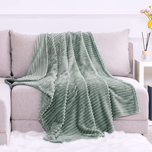 RECYCO Fleece Throw Blanket for Couch, Super Soft Cozy Fuzzy Decorative Blankets and Throws with Striped Pattern for Sofa, Lightweight Ribbed Plush Sage Green Throw Blanket for Bed 50"x60"