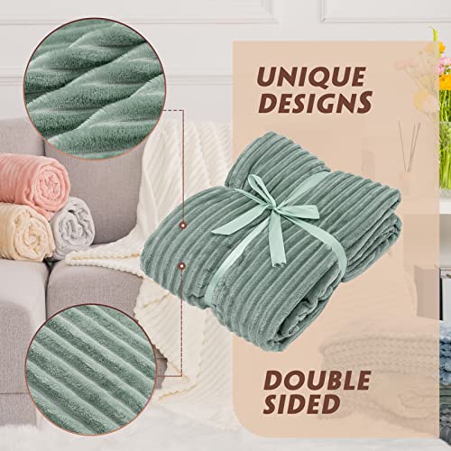 RECYCO Fleece Throw Blanket for Couch, Super Soft Cozy Fuzzy Decorative Blankets and Throws with Striped Pattern for Sofa, Lightweight Ribbed Plush Sage Green Throw Blanket for Bed 50"x60"