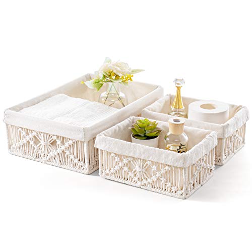 Mkono Macrame Storage Baskets Decor with Removable Cloth Liner Boho Storage Bins Handmade Woven Decorative Countertop Shelf Cabinet Organizer for Bedroom Nursery Living Room, Set of 3