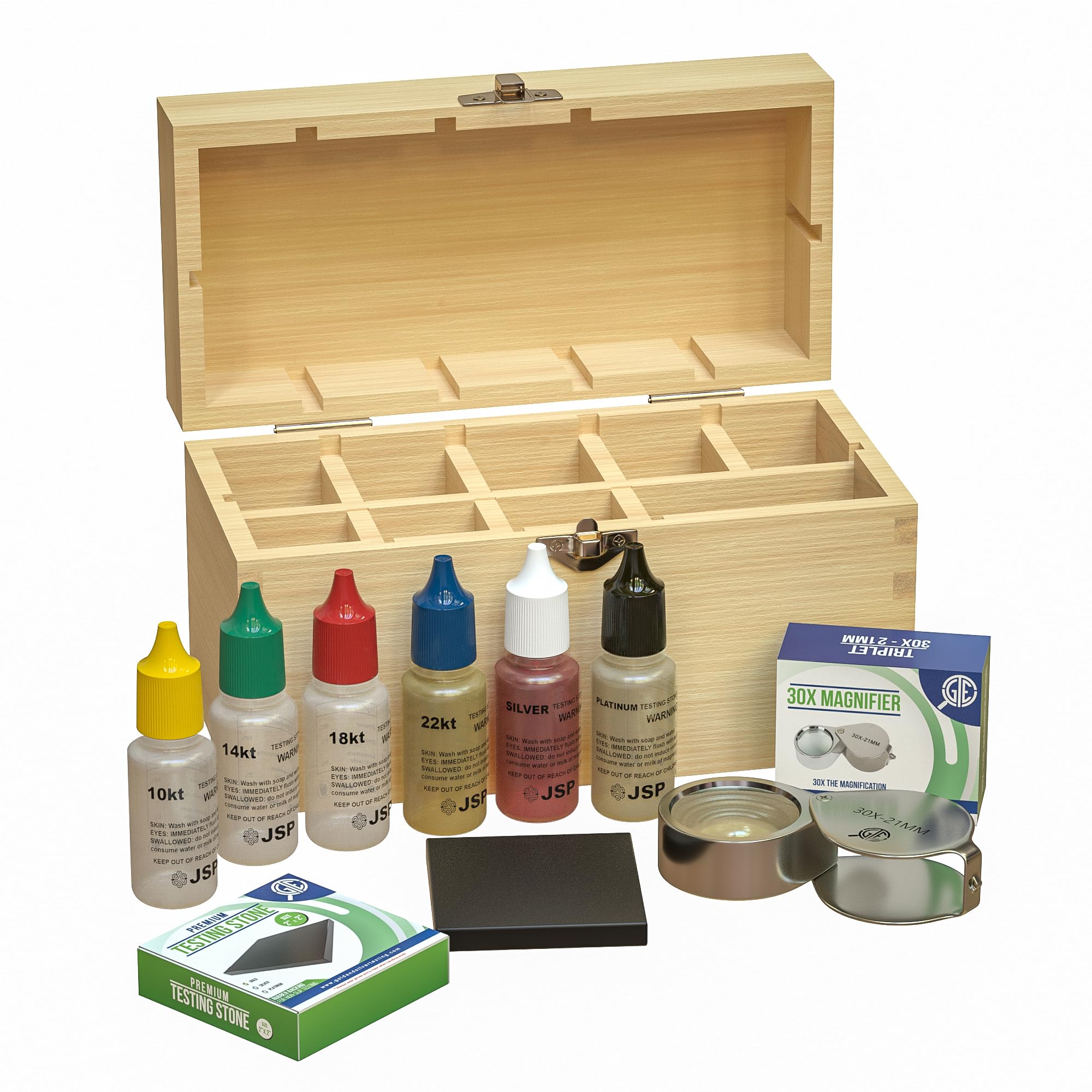 Professional Gold, Silver, Platinum Jewelry Testing Kit with Stone Instructions and Box with 30X Eye Loupe Magnifier Precious Metals 10K 14K 18K 24K 999 925 Scrap