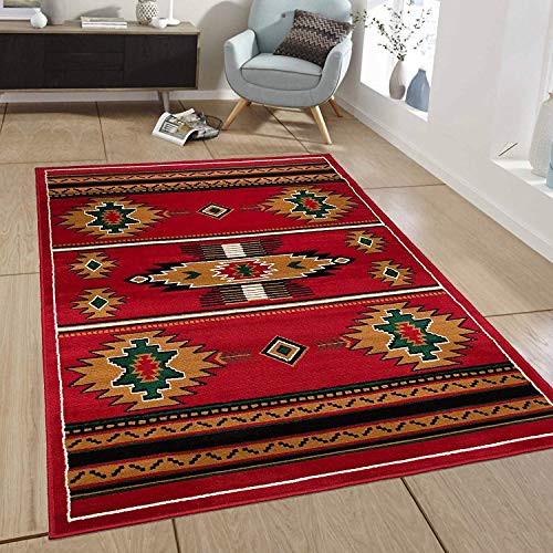 Champion Rugs Southwest Southwestern Native American Rustic Aztec Lodge Geometric Navajo Indian Red Area Rug (5 Feet X 7 Feet)
