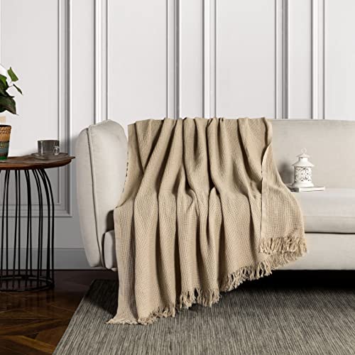 ANVI HOME Cotton Woven Throw Blanket with Tassels, Summer Lightweight Breathable, Soft, Boho, Poncho for Dorm Room, Bed, Sofa, Couch, Travel, Gift, 50x60 Inch, Brown/Tan
