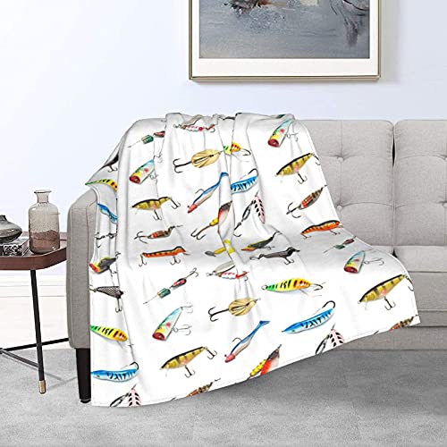 Fishing Bait Flannel Blanket Different Bash Fish Hooks Fishing Lures Hobby Pastime Hooks Throw Blankets for Kids Adults, Super Soft Lightweight Fluffy Sofa Office Fleece Plush Blanket 50"x40"