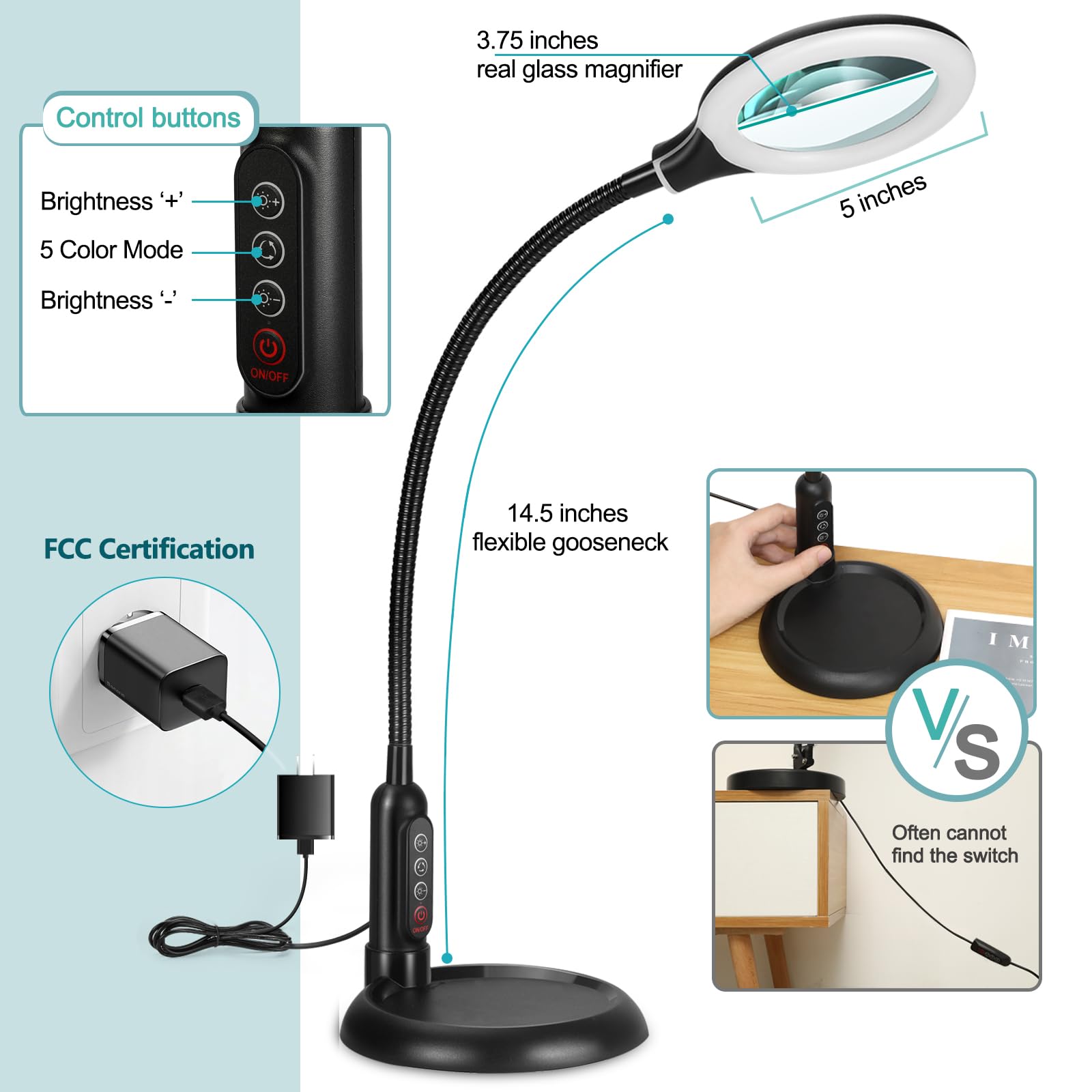 TOMSOO 5X Magnifying Glass with Light and Clamp, 5 Color Modes Stepless Dimmable Lighted Magnifier with Stand, Flexible Gooseneck LED Desk Lamp Hands Free for Craft Reading Painting Hobby Close Work