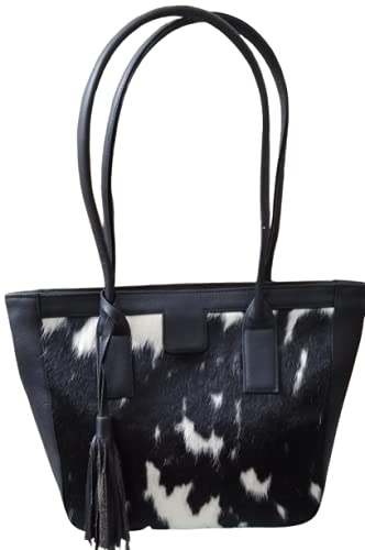 Exotic Cowhide Tote Bag Hair on black white Cowhide Women Purse Shoulder Bag (Brown)