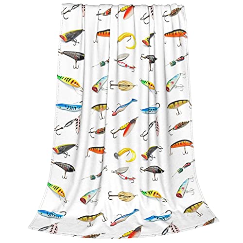 Fishing Bait Flannel Blanket Different Bash Fish Hooks Fishing Lures Hobby Pastime Hooks Throw Blankets for Kids Adults, Super Soft Lightweight Fluffy Sofa Office Fleece Plush Blanket 50"x40"