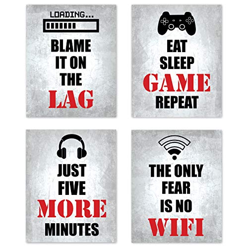 Sweet Jojo Designs Video Game Themed Gamer Wall Art Posters Home Decor Black White and Red Gaming Bedroom Pictures Prints Decorations for Playrooom Gameroom Boys Girls Children –Set of 4 8 x 10 in.