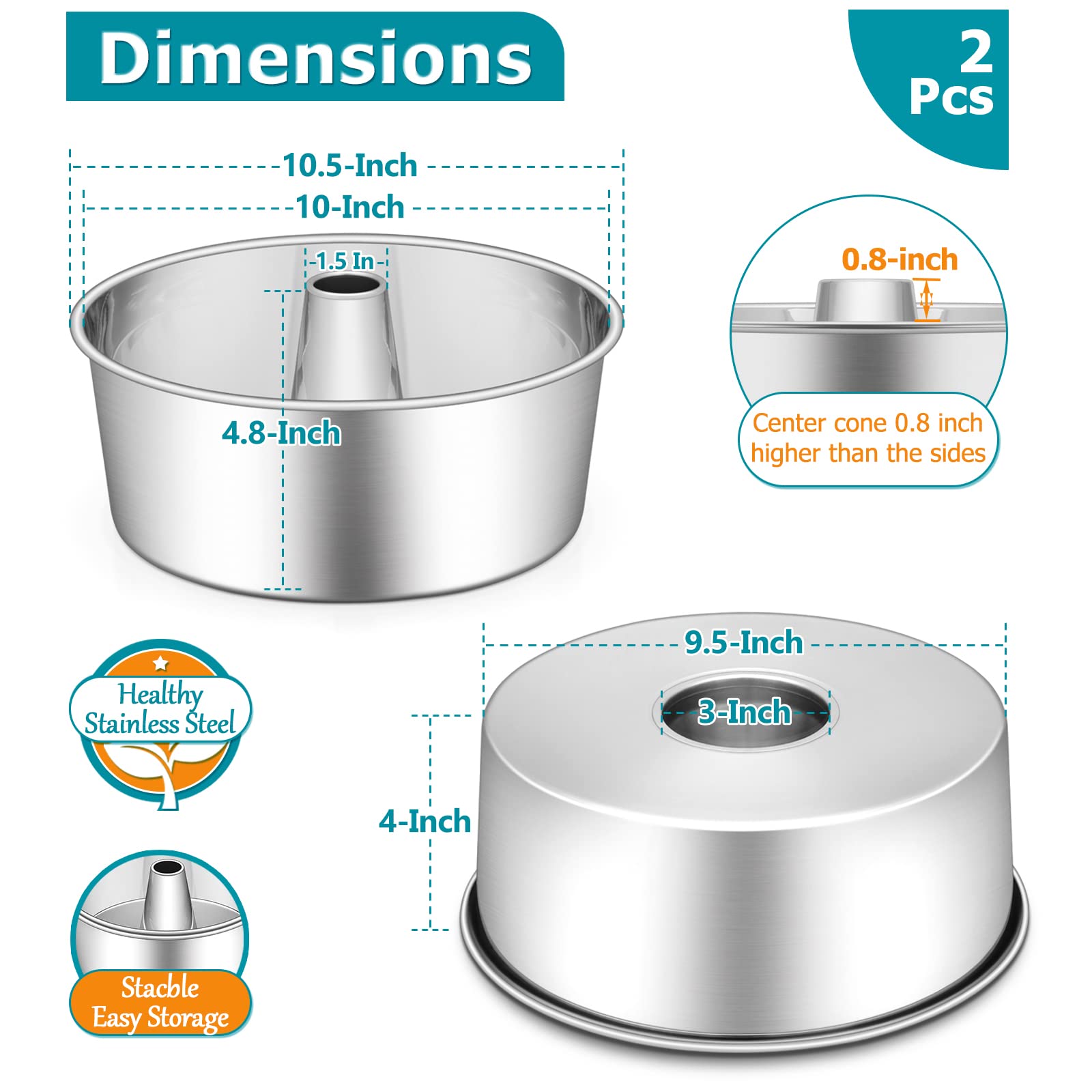 E-far Angel Food Cake Pan Set of 2, 10-Inch Stainless Steel Tube Pan for Baking Pound Chiffon Cake, One-piece Design & Non-toxic, Dishwasher Safe
