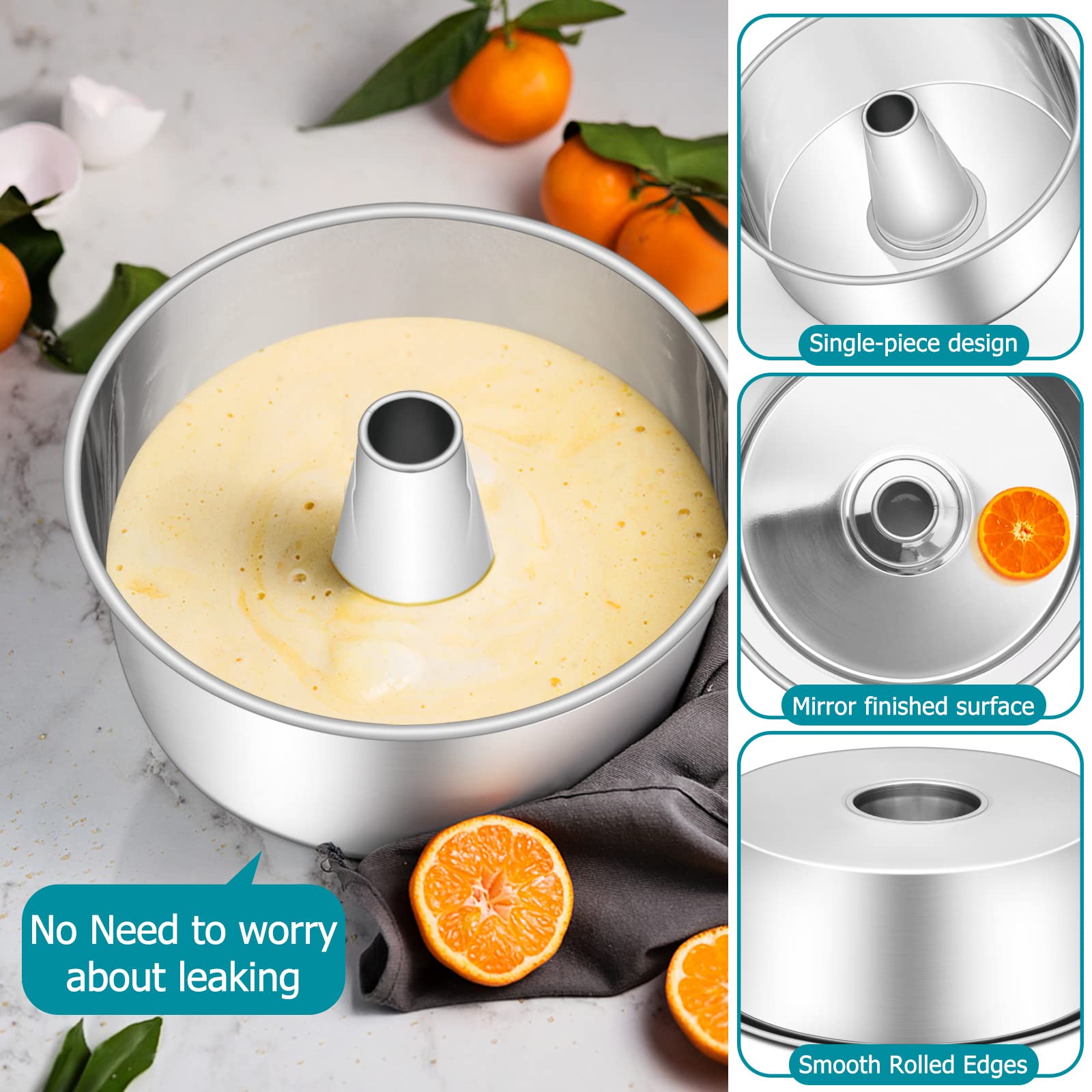 E-far Angel Food Cake Pan Set of 2, 10-Inch Stainless Steel Tube Pan for Baking Pound Chiffon Cake, One-piece Design & Non-toxic, Dishwasher Safe