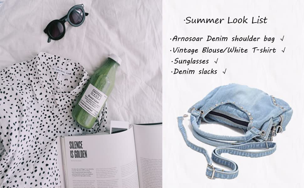Arnosoar Denim Shoulder Bag Women Hobo Handbag Casual Fashion Tote Top-Handle Satchel Washed Blue