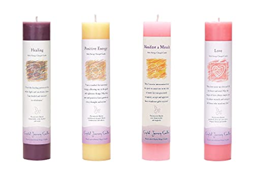 Crystal Journey Reiki Charged Herbal Pillar Candle with Inspirational Labels - Bundle of 4 (Healing, Positive Energy, Manifest a Miracle, Love) Each 7"x1.5" Handcrafted with Lead-Free Materials