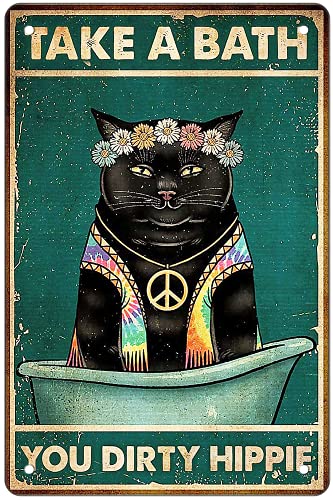 AntSwegg Bathroom Funny Black Cat for Cat Lovers Gifts Vintage Cat Wall Decor Posters Art Black Cat Metal Tin Sign-TAKE A BATH YOU DIRTY HIPPIE-Home Farmhouse Toilet Bathroom Wall Decor Gifts 8x12 in