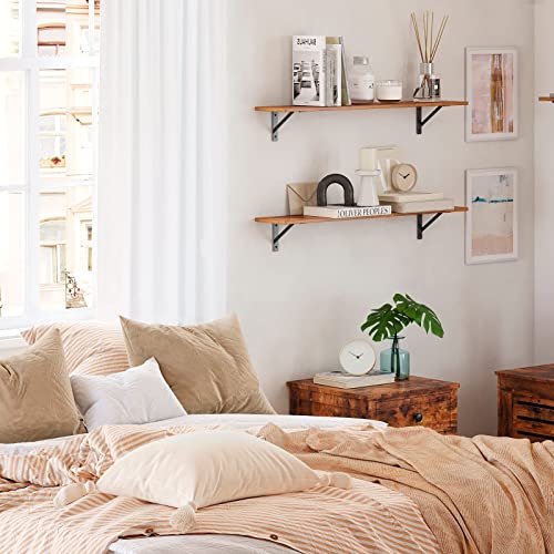 DINZI LVJ Long Wall Shelves, 31.5 Inch Wall Mounted Shelves Set of 2, Easy-to-Install, Wall Storage Ledges with Sturdy Metal Brackets for Living Room, Bathroom, Bedroom, Kitchen, Rustic Brown