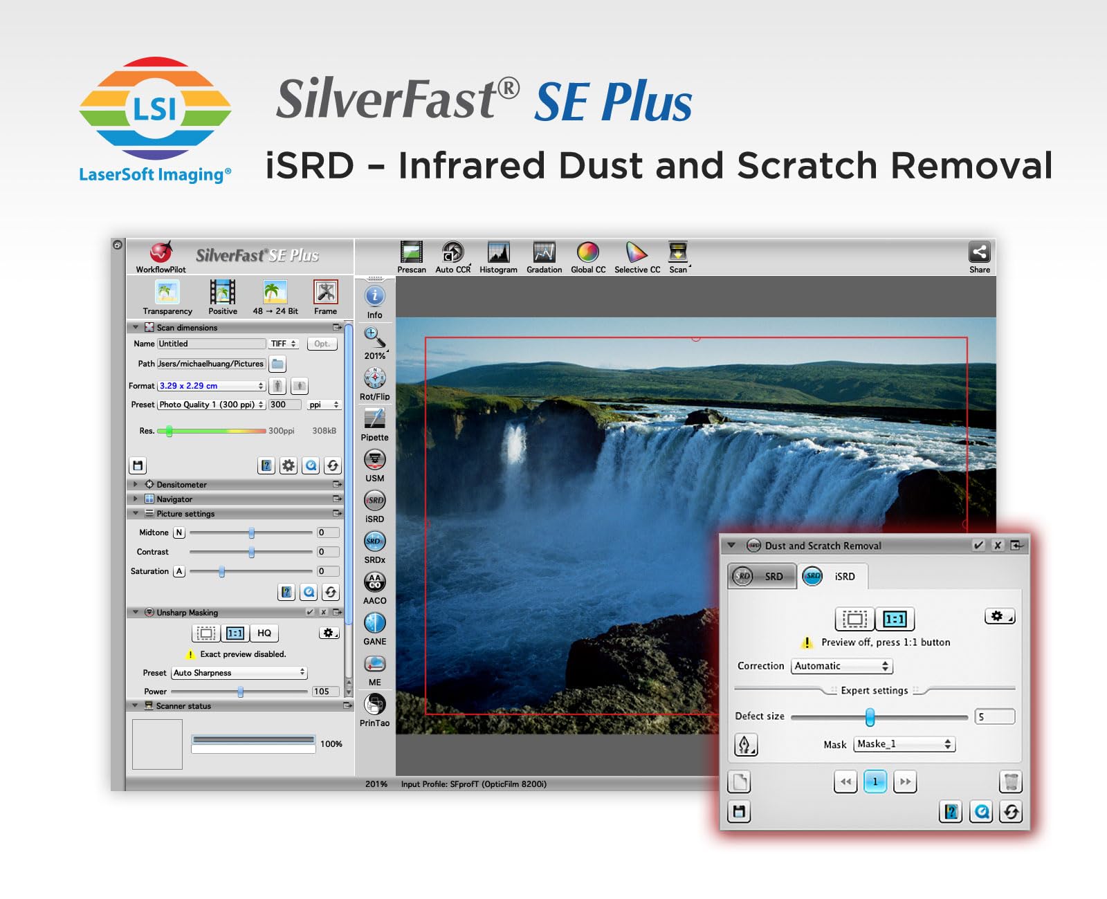 Plustek OpticFilm 8200i SE , 35mm Film & Slide Scanner. 7200 dpi / 48-bit Output. Integrated Infrared Dust/Scratch Removal. Bundle Silverfast SE Plus 8.8 , Support Mac and PC.