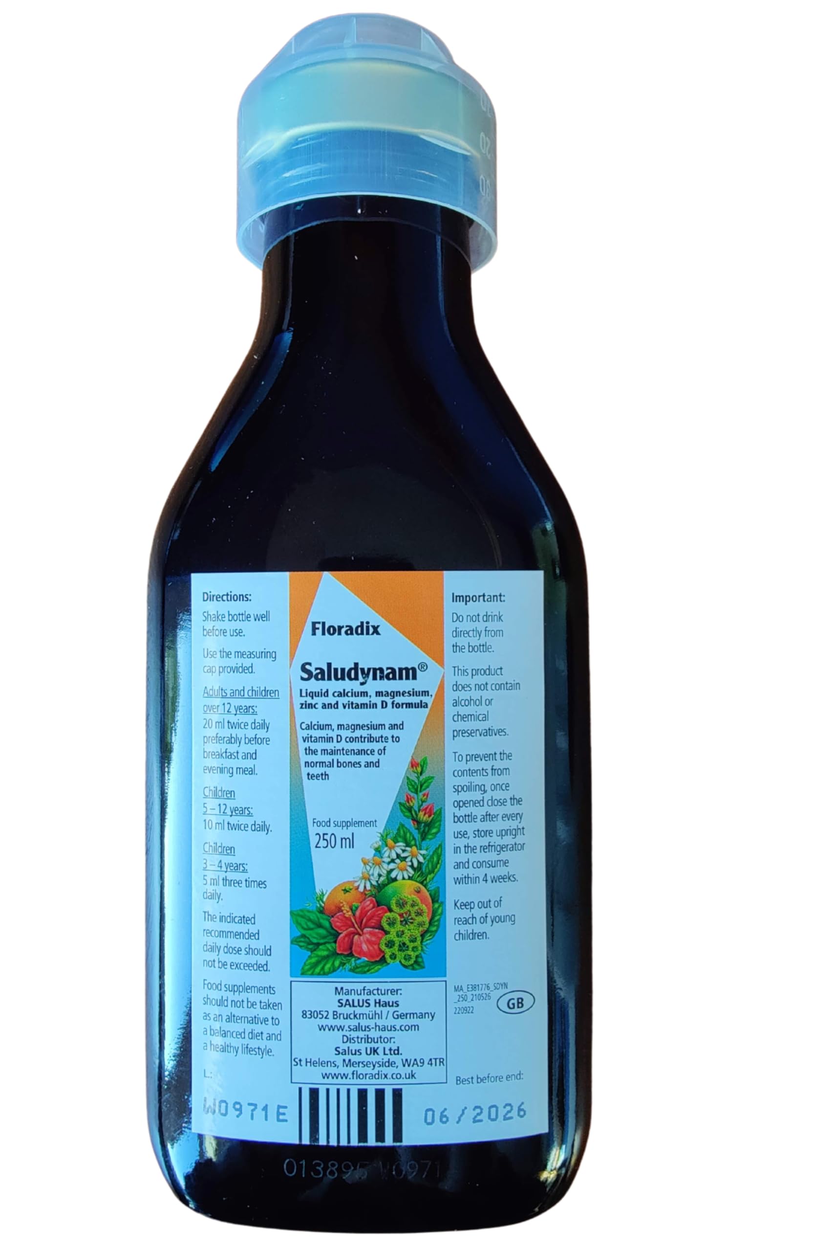 Floradix Saludynam Liquid Calcium/ Magnesium/ Zinc and Vitamin D Formula 250ml by Floradix