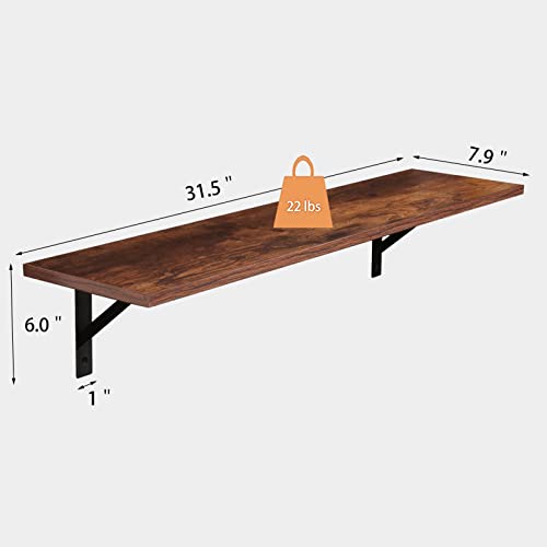 DINZI LVJ Long Wall Shelves, 31.5 Inch Wall Mounted Shelves Set of 2, Easy-to-Install, Wall Storage Ledges with Sturdy Metal Brackets for Living Room, Bathroom, Bedroom, Kitchen, Rustic Brown