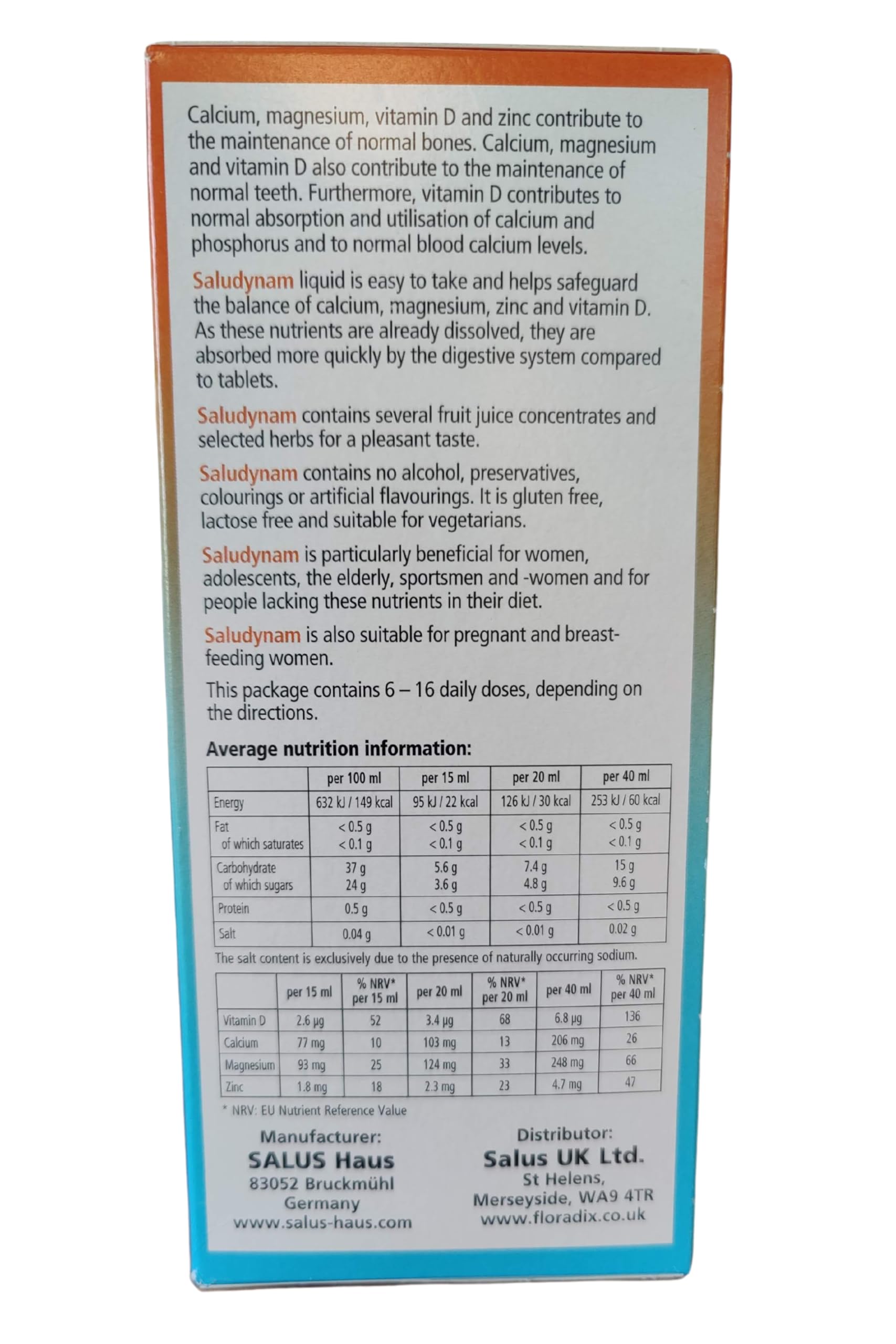 Floradix Saludynam Liquid Calcium/ Magnesium/ Zinc and Vitamin D Formula 250ml by Floradix