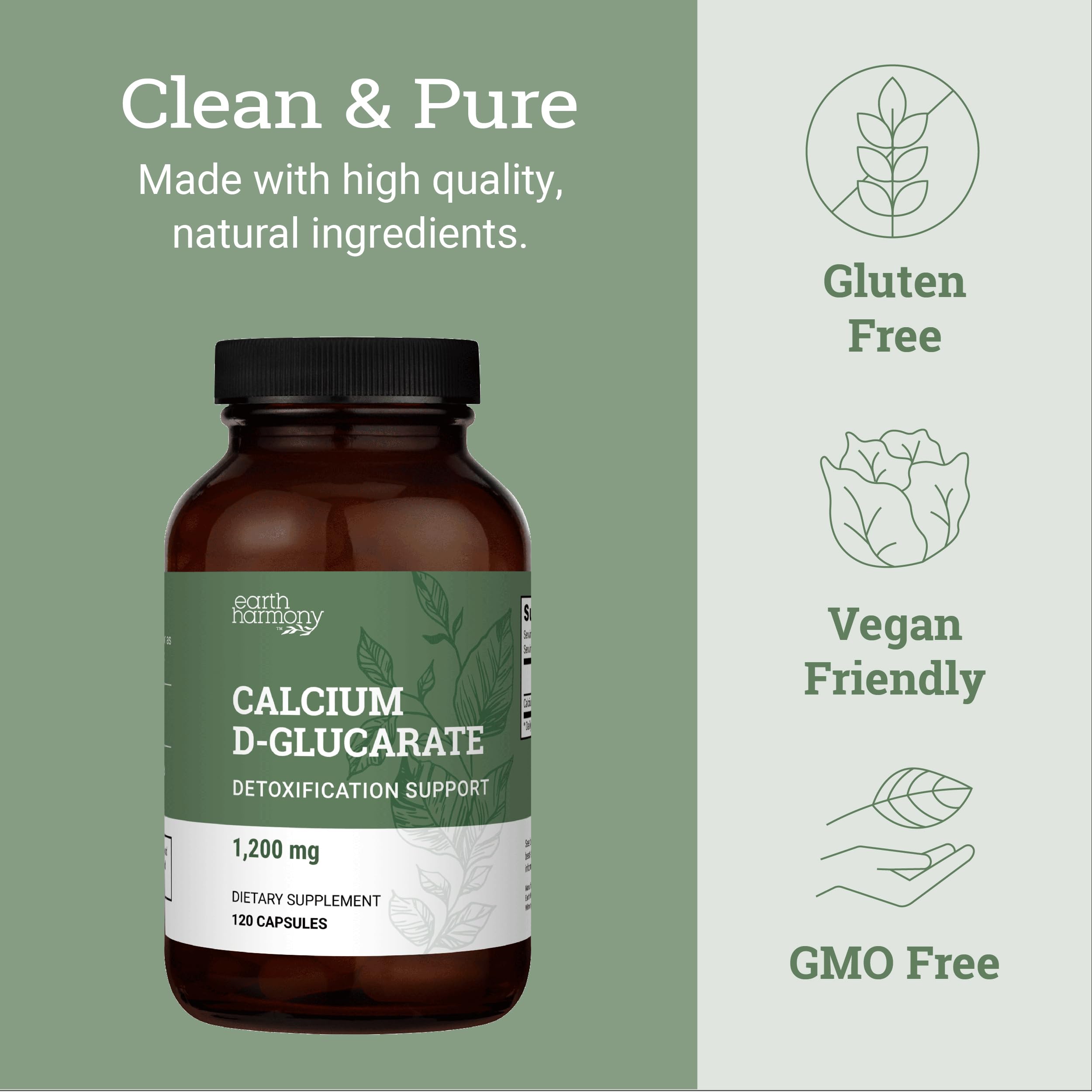 Earth Harmony Calcium D-Glucarate 1200mg - Advanced Detoxification Support & Double The Strength of Calcium D Glucarate 500mg - 120 Capsules (2-Month Supply)