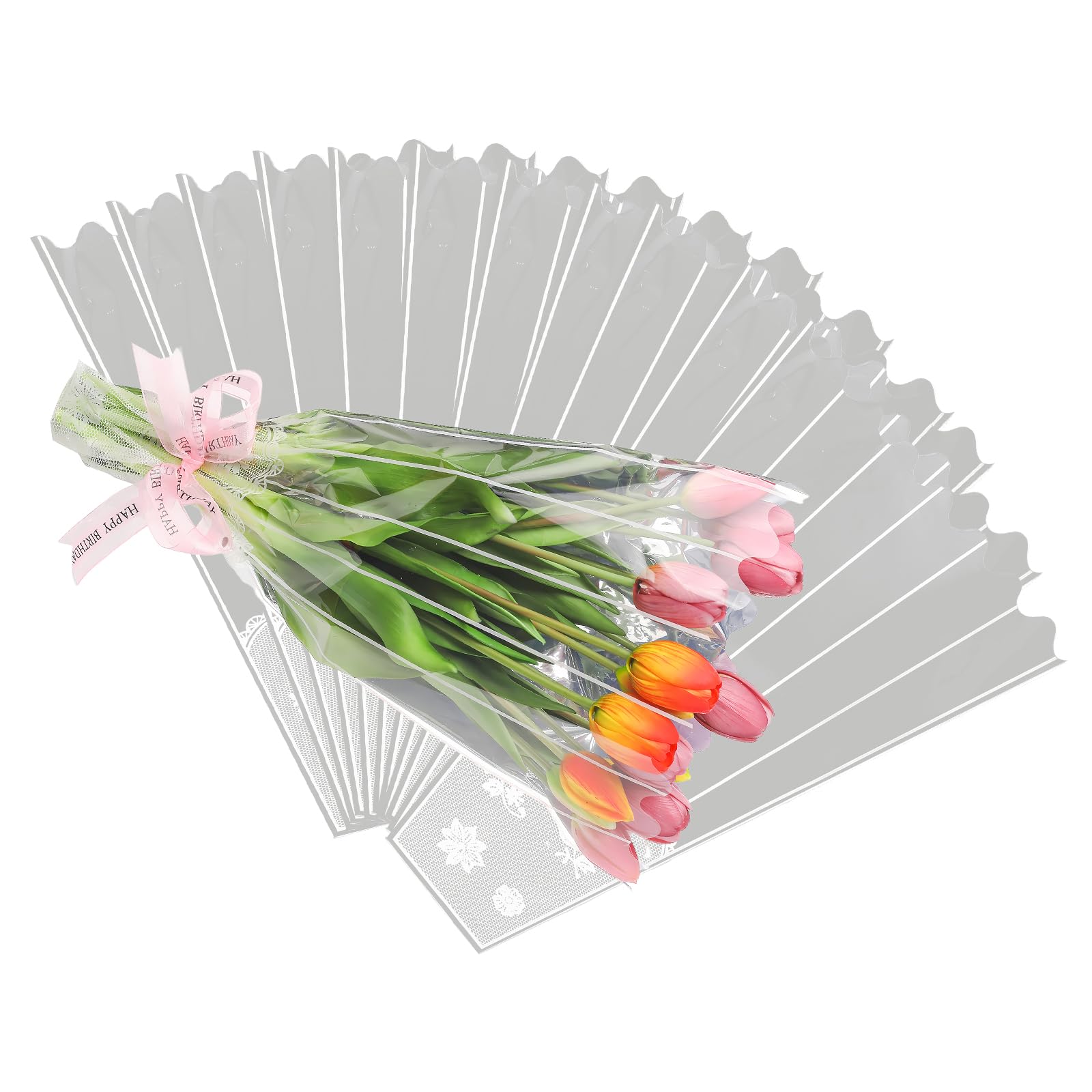 NUOMI 100 Pcs Flower Bouquet Bag Plastic Wrapping Bags with Lace Decor Disposable Cellophane Floral Bouquet Sleeve for Wedding, Mother's Day, Birthday, Holiday, Valentine, 19 Inch