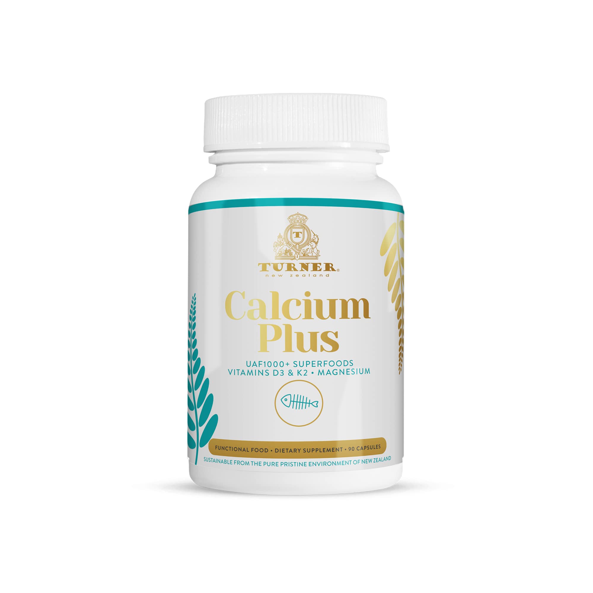 TURNER Calcium Plus, All-Natural Marine Calcium Supplement, with UAF1000+ Super Antioxidant, Magnesium + Vitamins K2 & D3, Supports Bone Density & Joint Health, 2 Bottles, 180 caps, 2 Month Supply