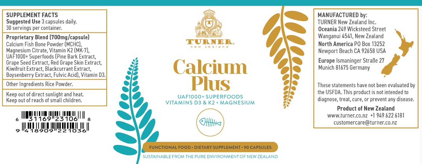 TURNER Calcium Plus, All-Natural Marine Calcium Supplement, with UAF1000+ Super Antioxidant, Magnesium + Vitamins K2 & D3, Supports Bone Density & Joint Health, 2 Bottles, 180 caps, 2 Month Supply