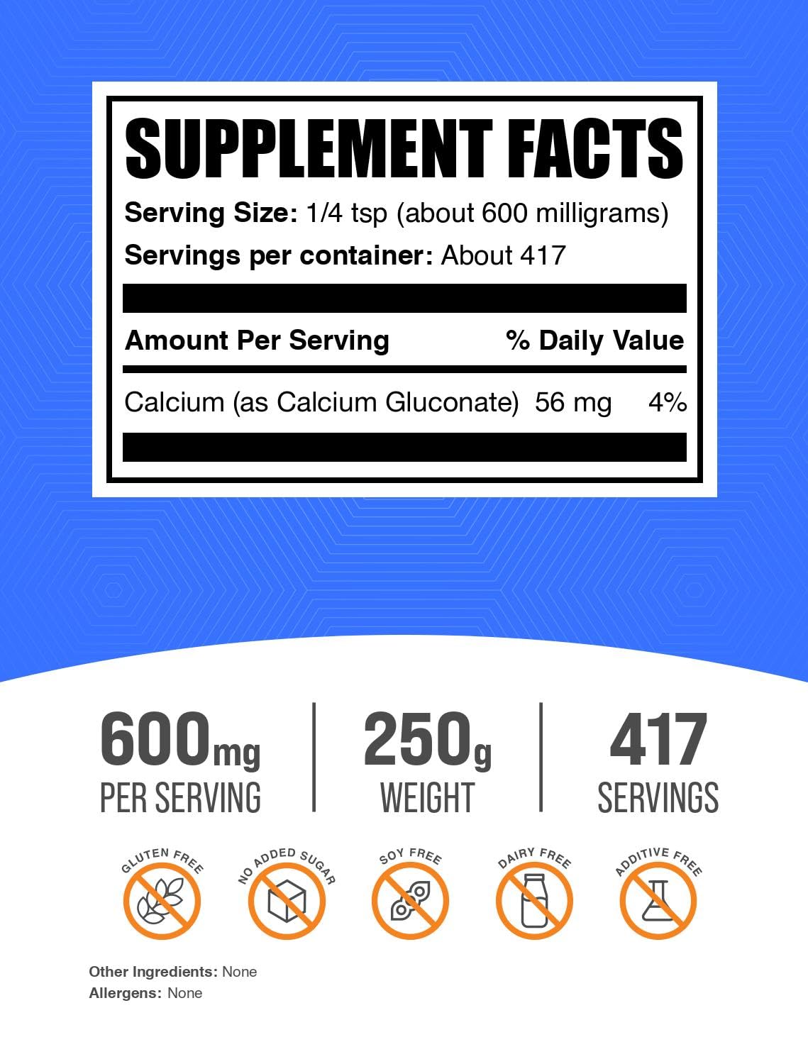 BulkSupplements.com Calcium Gluconate Powder - Calcium Supplement - Calcium Powder - Calcium Bone Supplement - Gluconate Calcium - Calcium Without Vitamin D (250 Grams - 8.8 oz)
