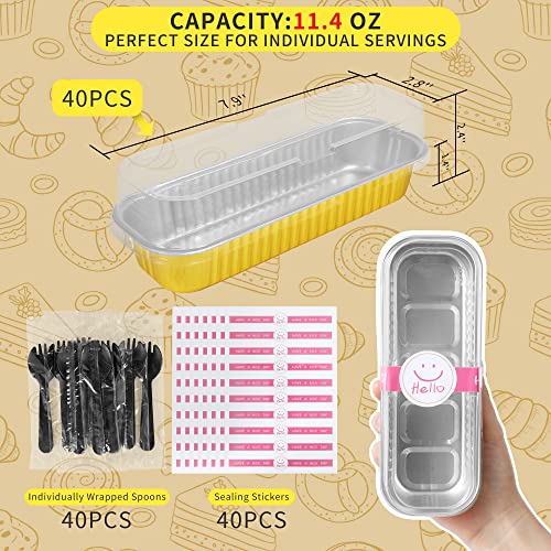 HEYYUMI 11.4oz Mini Loaf Pans with Lids and Spoons 40 Pack, Aluminum Foil Narrow Cake Pans,Rectangle Baking Pans,Cupcake Cups Muffin Tins,Disposable Ramekins Containers for Mini Bread Brownie - Gold