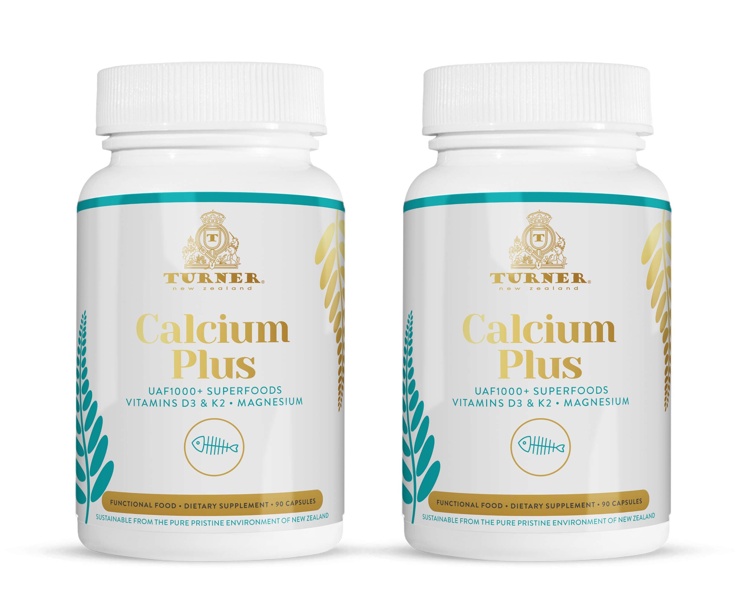 TURNER Calcium Plus, All-Natural Marine Calcium Supplement, with UAF1000+ Super Antioxidant, Magnesium + Vitamins K2 & D3, Supports Bone Density & Joint Health, 2 Bottles, 180 caps, 2 Month Supply