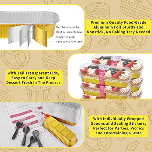 HEYYUMI 11.4oz Mini Loaf Pans with Lids and Spoons 40 Pack, Aluminum Foil Narrow Cake Pans,Rectangle Baking Pans,Cupcake Cups Muffin Tins,Disposable Ramekins Containers for Mini Bread Brownie - Gold
