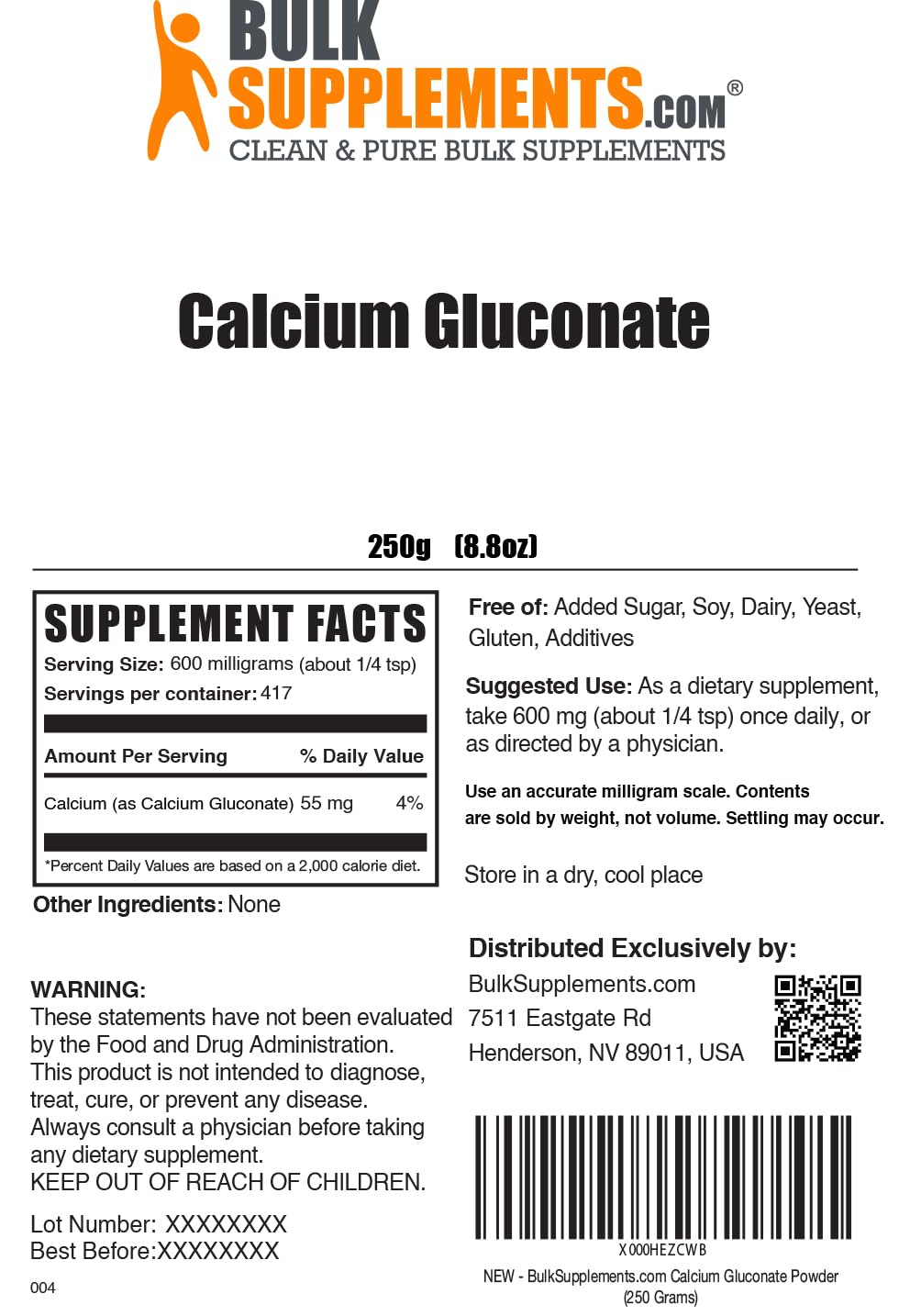 BulkSupplements.com Calcium Gluconate Powder - Calcium Supplement - Calcium Powder - Calcium Bone Supplement - Gluconate Calcium - Calcium Without Vitamin D (250 Grams - 8.8 oz)