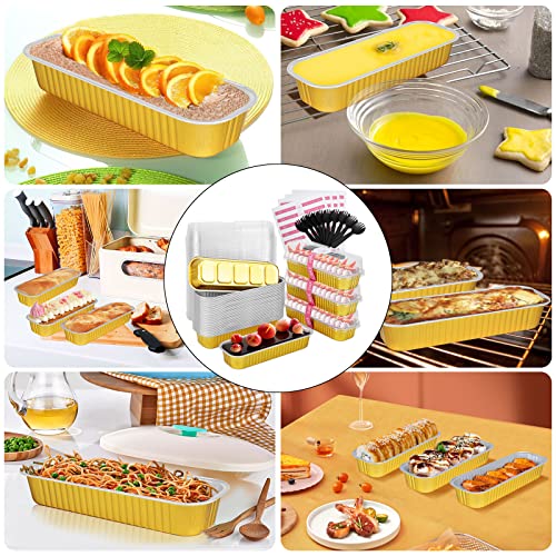 HEYYUMI 11.4oz Mini Loaf Pans with Lids and Spoons 40 Pack, Aluminum Foil Narrow Cake Pans,Rectangle Baking Pans,Cupcake Cups Muffin Tins,Disposable Ramekins Containers for Mini Bread Brownie - Gold