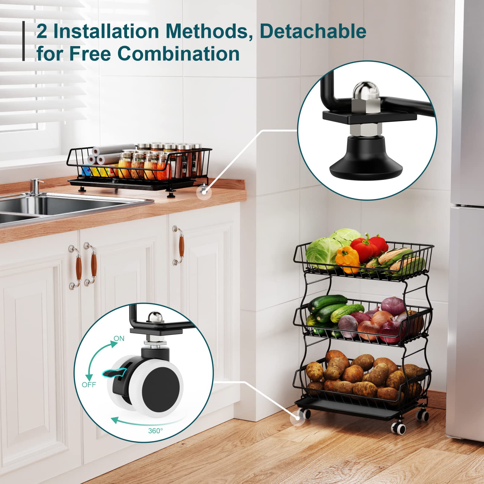 Onion and Potato Storage, Packism 4 Tier Fruit Vegetable Storage Basket with Protective Mats, Rolling Cart Vegetable Storage with Lockable Wheels for Kitchen, Bathroom, Pantry - Black