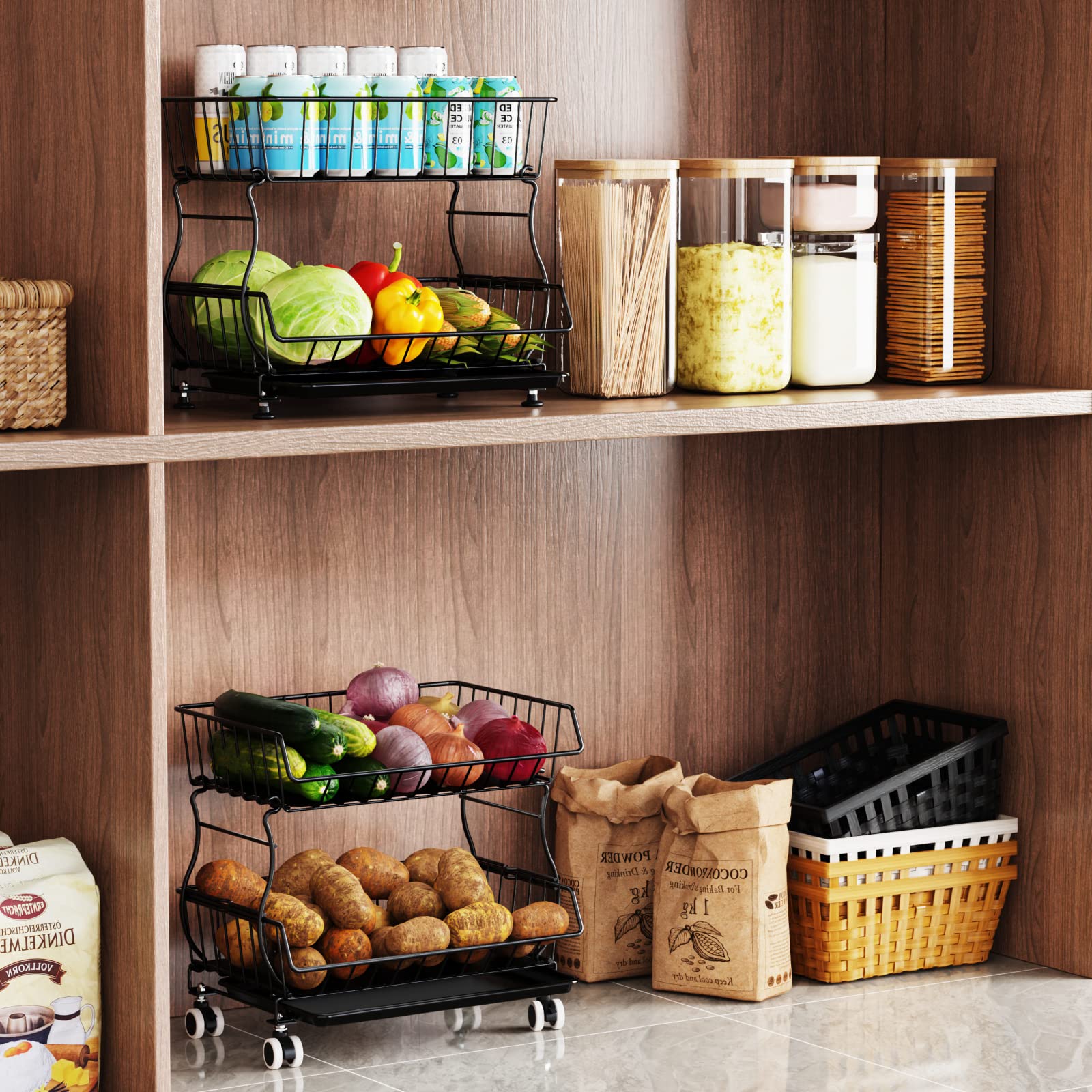 Onion and Potato Storage, Packism 4 Tier Fruit Vegetable Storage Basket with Protective Mats, Rolling Cart Vegetable Storage with Lockable Wheels for Kitchen, Bathroom, Pantry - Black