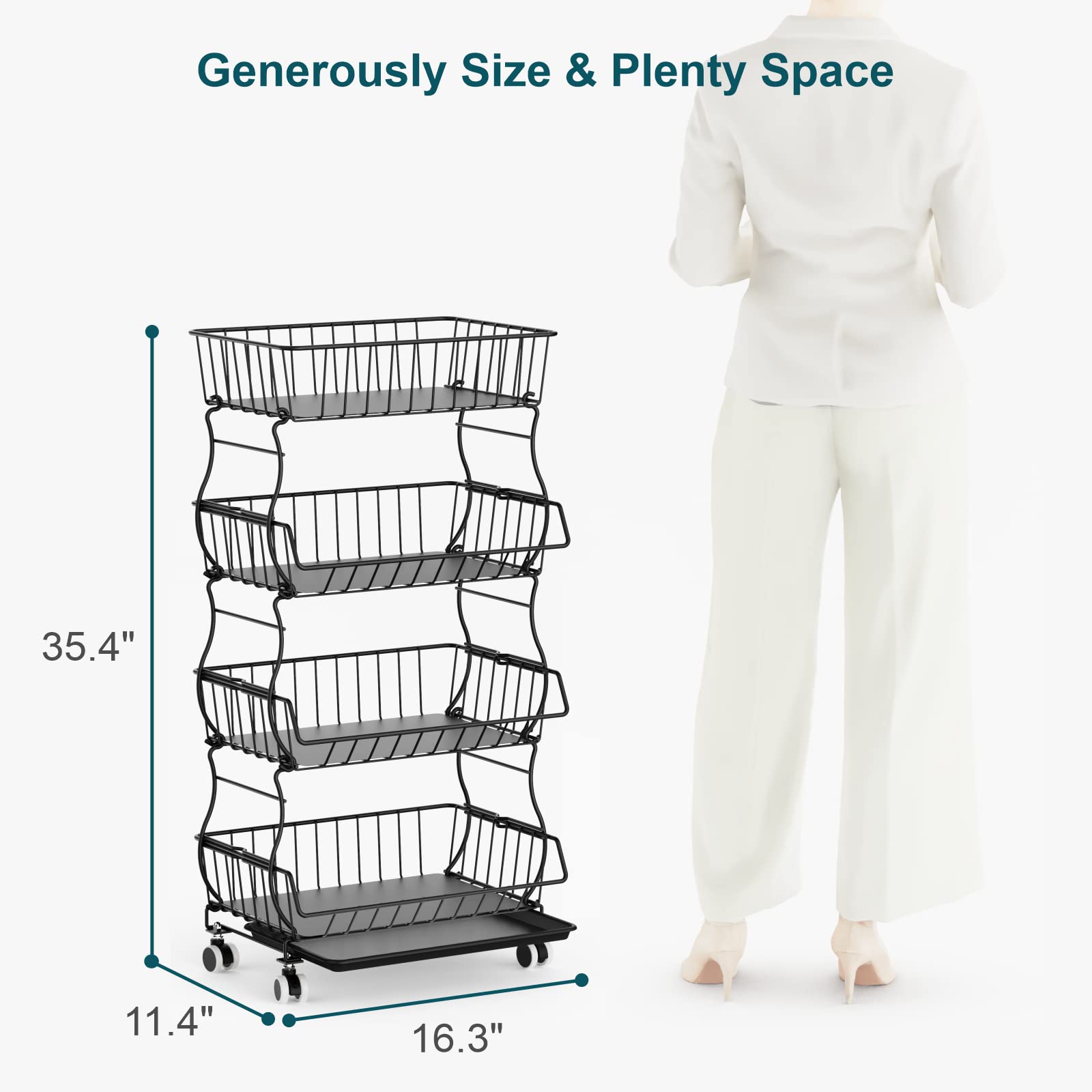Onion and Potato Storage, Packism 4 Tier Fruit Vegetable Storage Basket with Protective Mats, Rolling Cart Vegetable Storage with Lockable Wheels for Kitchen, Bathroom, Pantry - Black