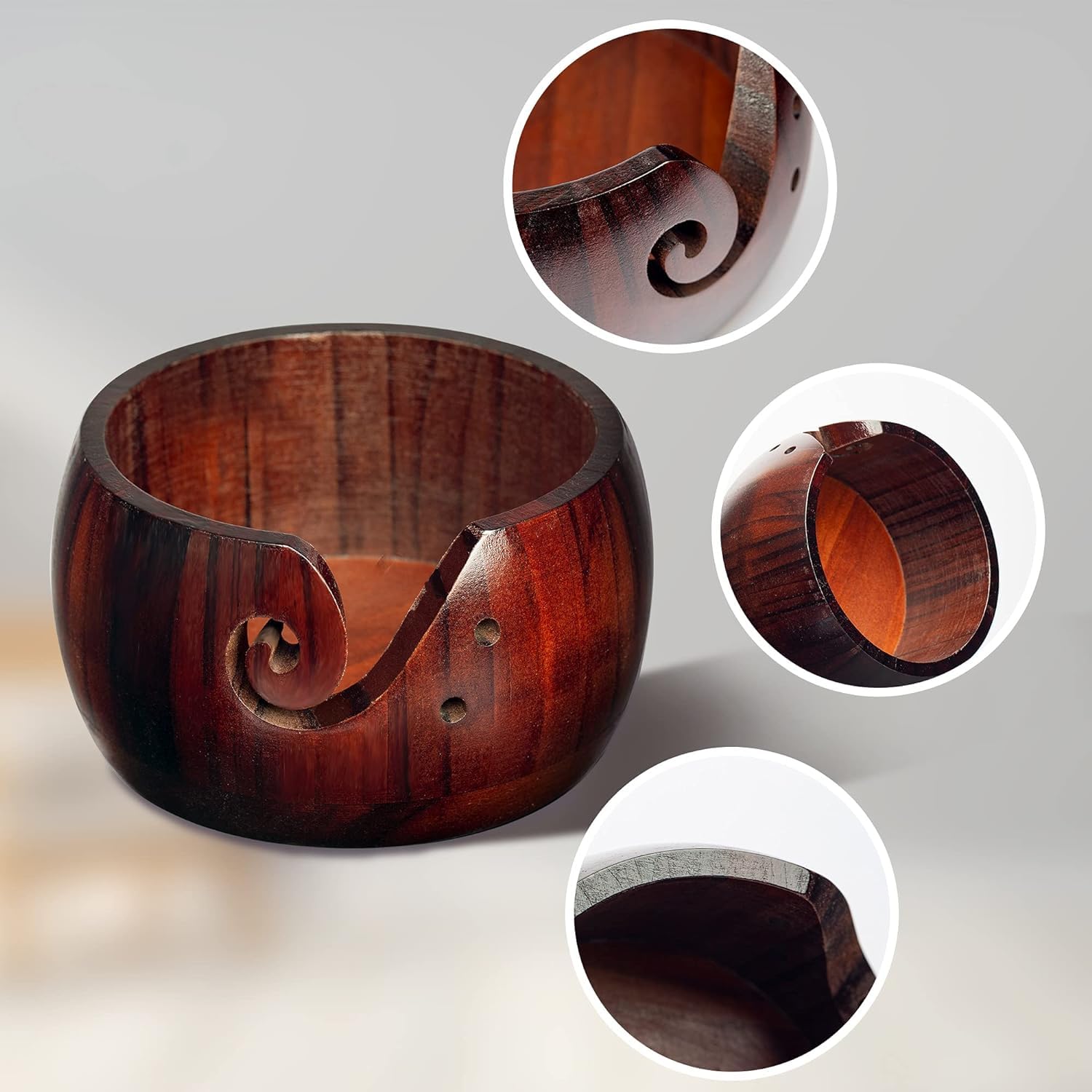 IUAQDP Wooden Yarn Bowls for Crochet Knitting Wool Storage Basket Round with Holes Handmade Craft Crochet Kit