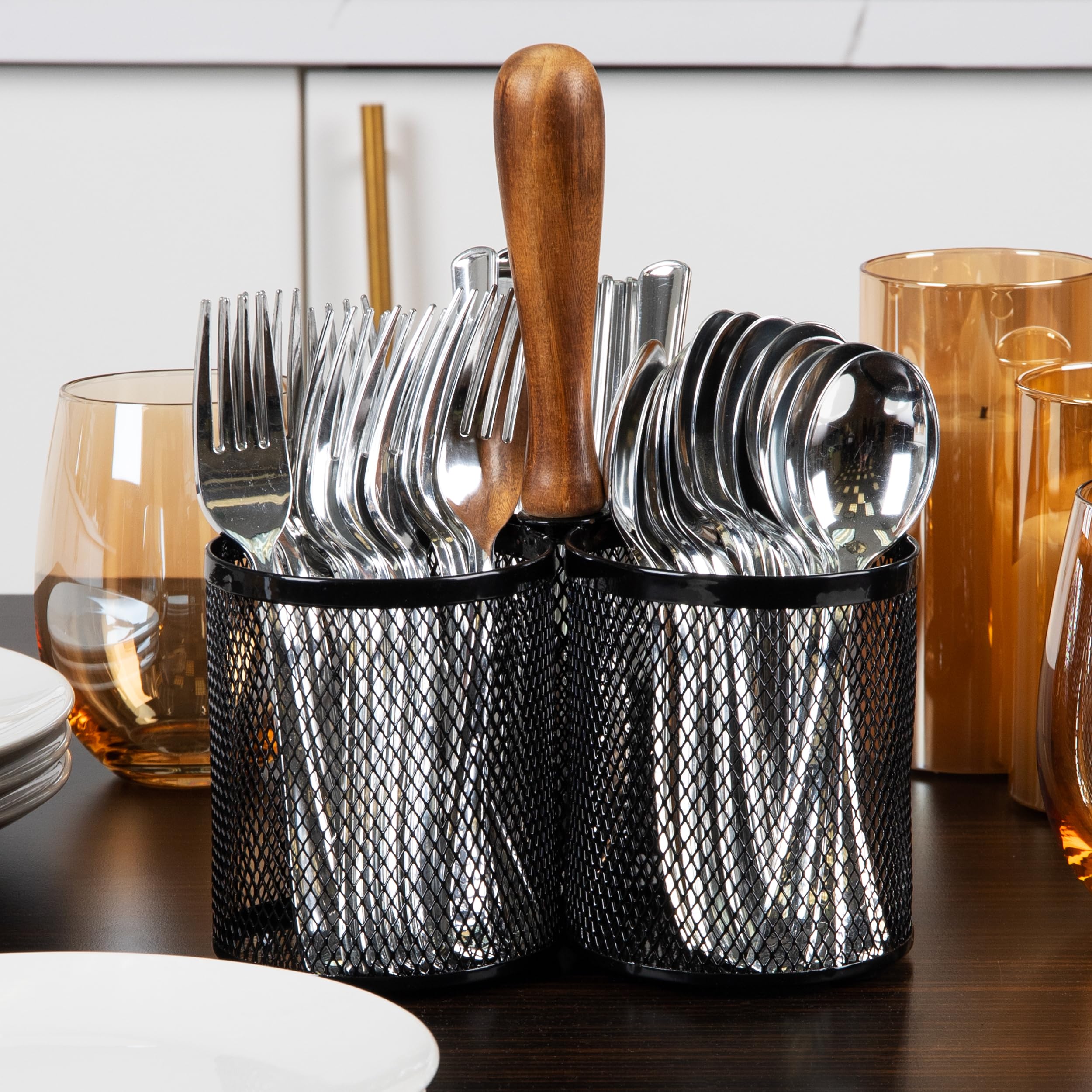 Mind Reader Metal Utensil Caddy, Silverware Organizer, Cutlery Holder, 3-Section, Black
