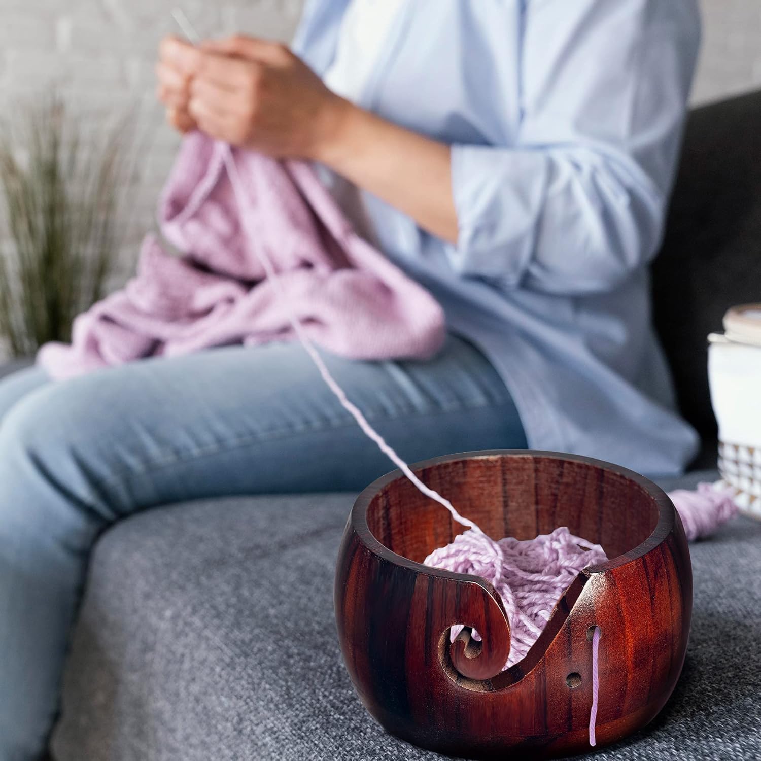 IUAQDP Wooden Yarn Bowls for Crochet Knitting Wool Storage Basket Round with Holes Handmade Craft Crochet Kit