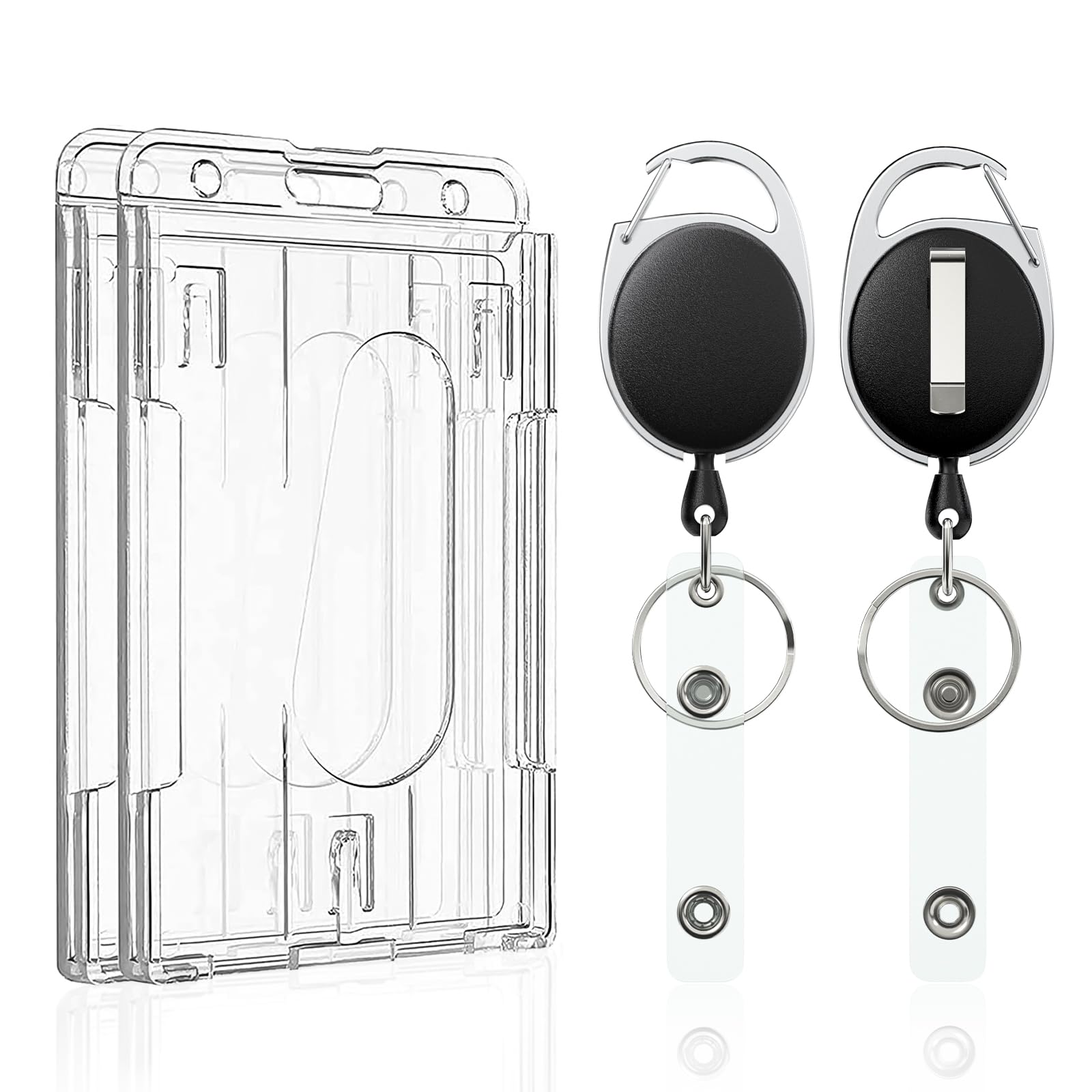 Pawfly Vertical 2-Card Badge Holder with Thumb Slots Hard Transparent PC Case Protector with Retractable Badge Reel Carabiner Clip for IDs Credit Cards Driver’s Licenses and Passes, 2 Pack