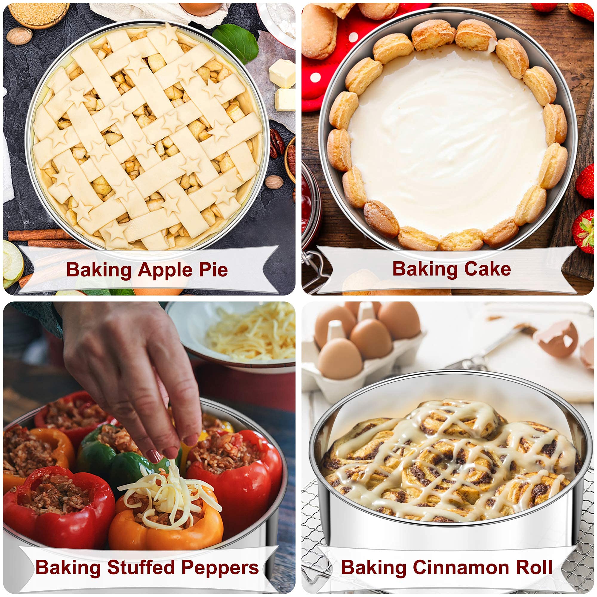 TeamFar Cake Pan, 2 Pcs 8x3 Inch Round Cake Pan, Stainless Steel Deep Layer Cake Pans with 60 Pcs Parchment Papers, 3 Pcs Cake Smoother Scrapers & Silicone Spatula & Mitts, Healthy & Practical