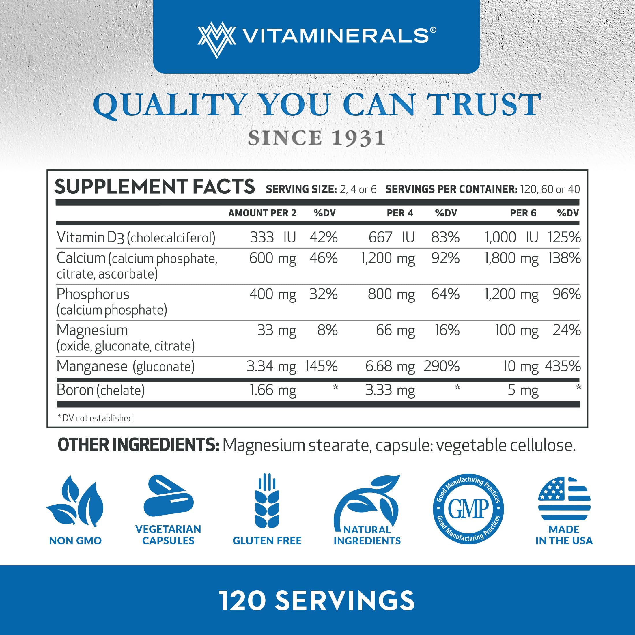 VITAMINERALS 95 Primacal® Bone Support Maximum Potency Calcium, Magnesium for Bone Loss (120)